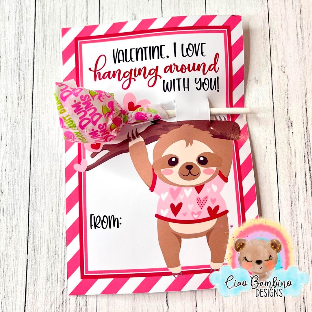 Sloth Valentine's Day Card for Lollipops / Print Your Own Cute Sloth ...