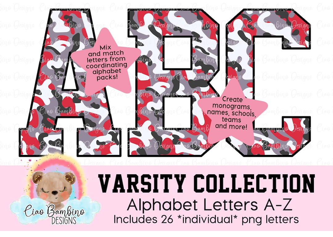 Red, White, Black & Gray Camo Alphabet Pack / Camouflage Varsity ...