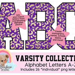 Purple and Metallic Gold Foil Leopard Print Alphabet Pack / Letters A ...