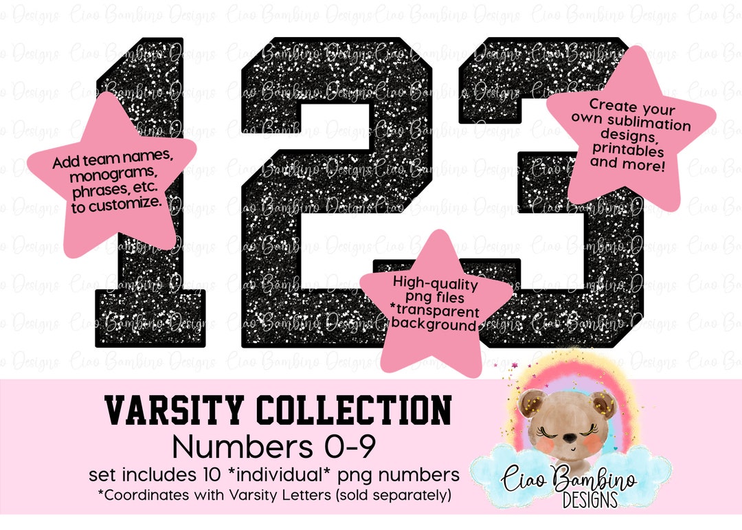 Black Glitter Varsity Numbers: Sublimation Design Pngs (instant ...