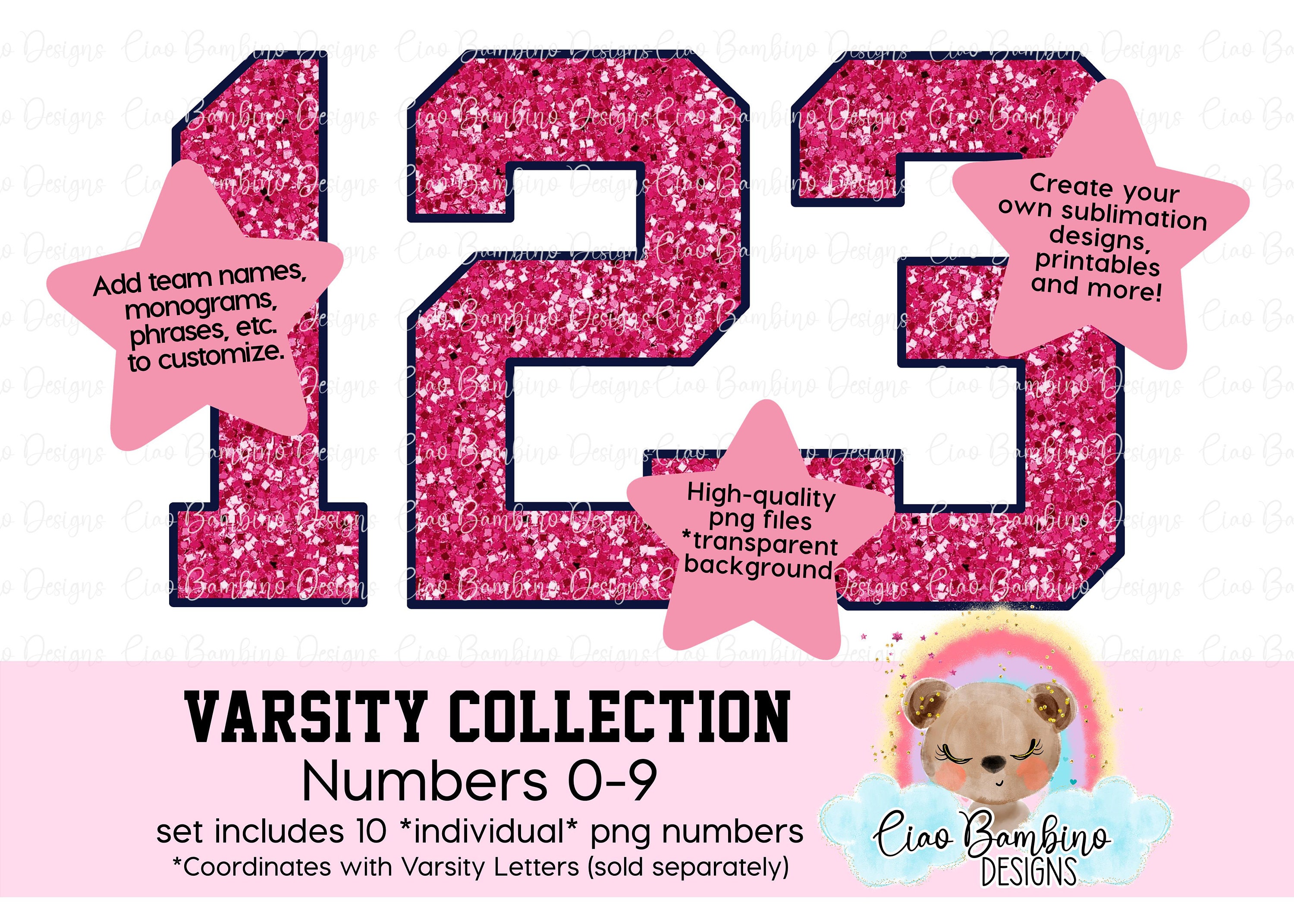 Hot Pink Glitter Varsity Numbers: Sublimation Design (instant Download ...