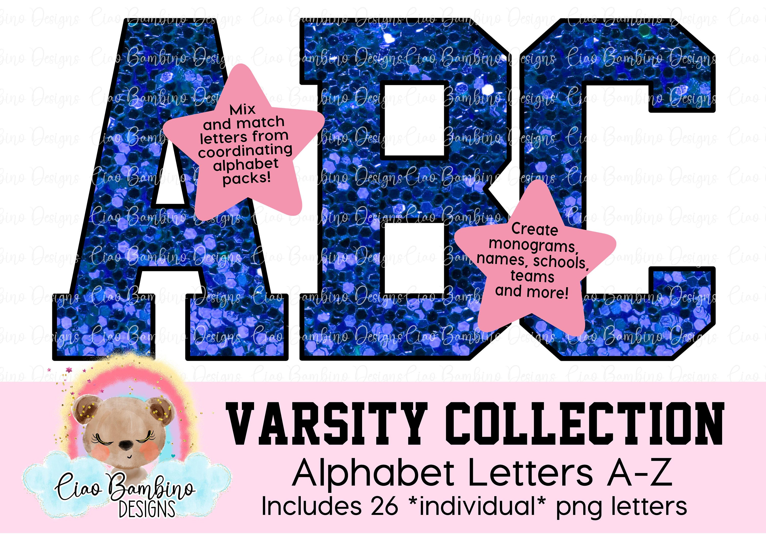 Blue Glitter Alphabet Letters: A-Z Varsity Font (instant Download Pngs ...