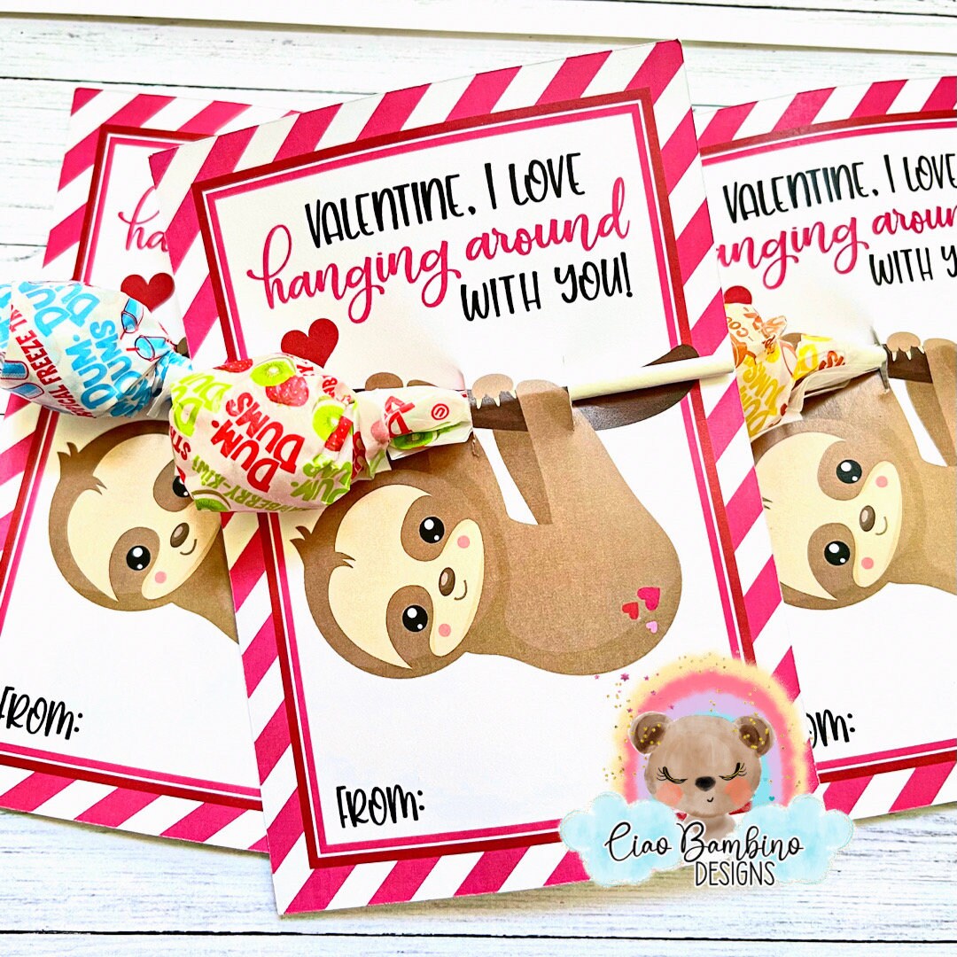 Sloth Valentine's Day Card for Lollipops / Print Your Own Cute Sloth ...