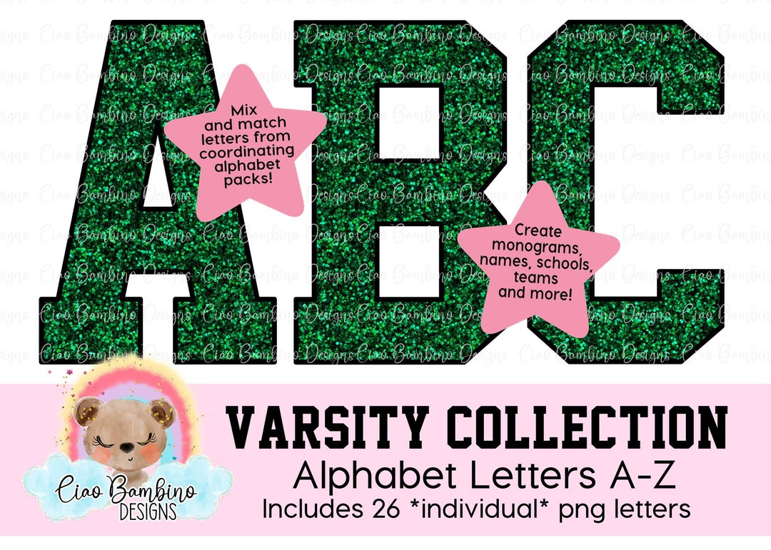 Green Glitter Varsity Letter Pack: A-Z PNG Clipart (instant Download - Etsy