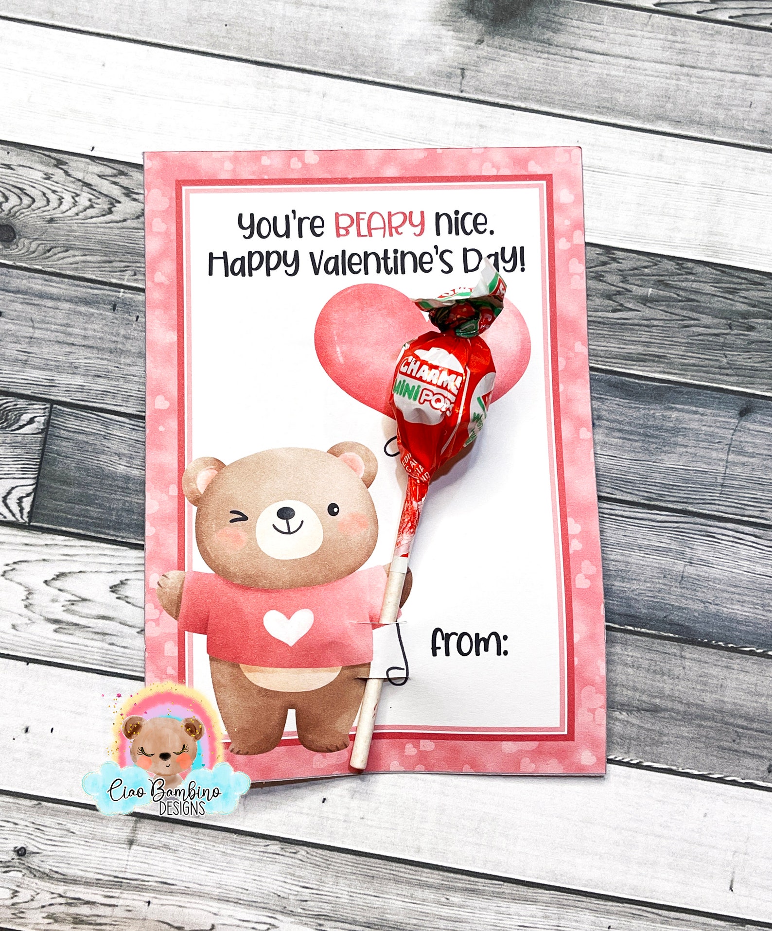 Teddy Bear Valentine's Day Card / Cute Bear With Hand to Hold Lollipop ...