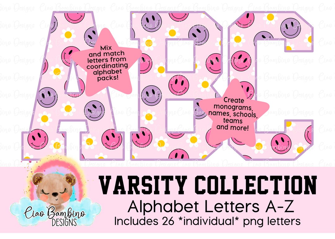 Groovy Smiley Face Alphabet Pack | Varsity Letters A-Z for Sublimation ...