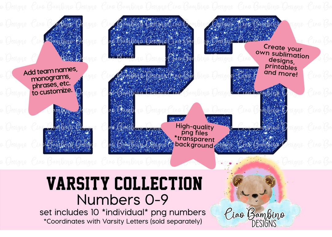 Royal Blue Glitter Varsity Numbers Pack / Glitter Varsity Numbers 0 - 9 ...