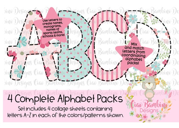 Pink and Aqua Floral Faux Applique Alphabet Letters / 4 Sets - Etsy