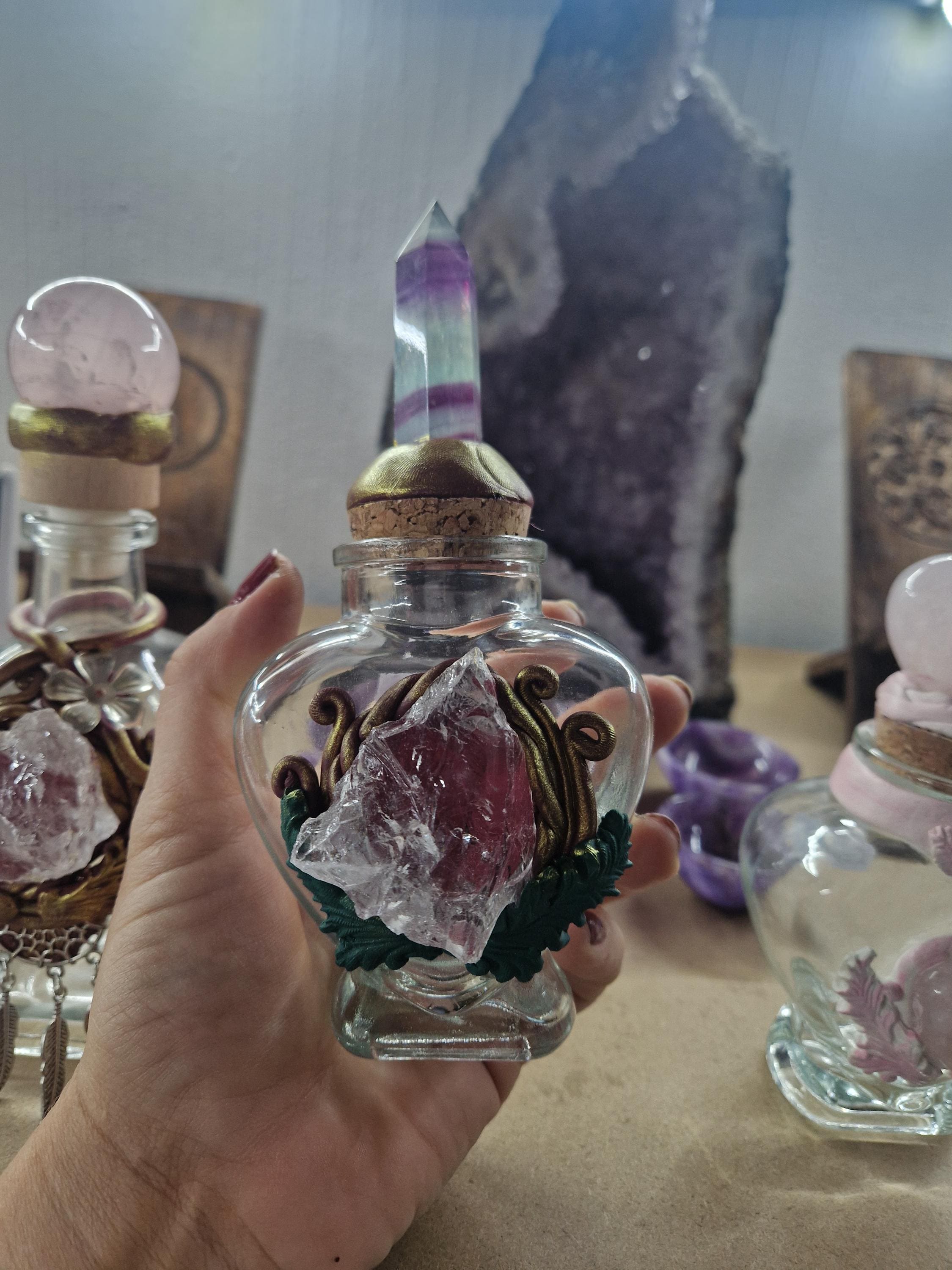 Crystal Potion Bottle: Rose Quartz, Fluorite, Opalite Charms - Etsy
