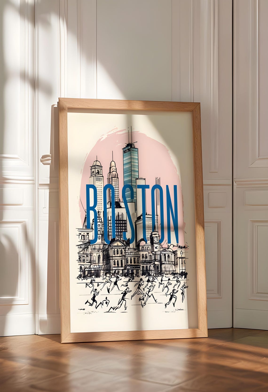 Boston Skyline With Runners Sketch Poster, Boston Marathon Skyline Art ...