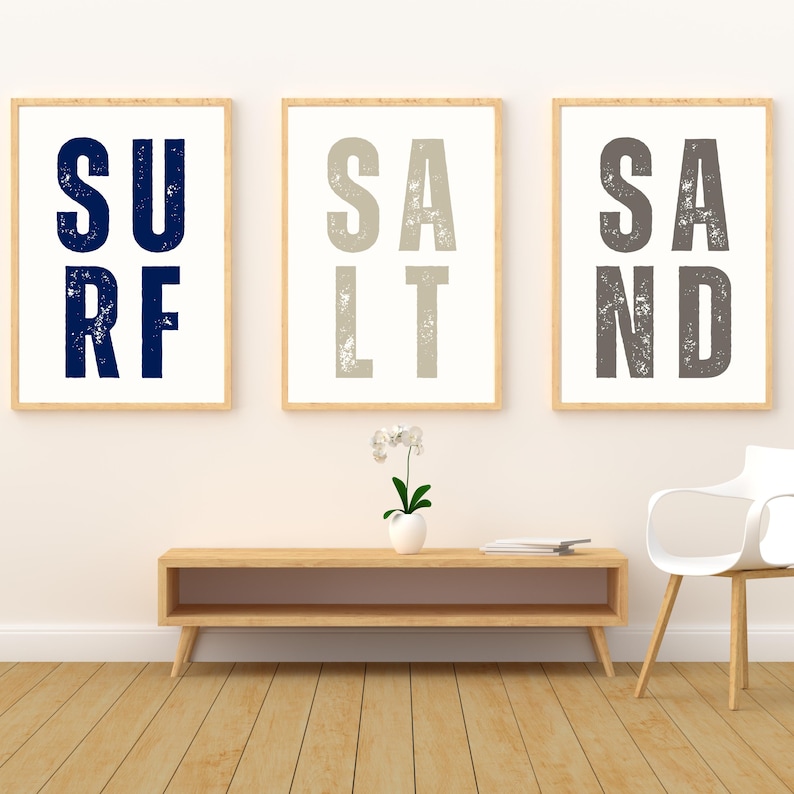 SURF SALT SAND Printable Wall Art Trio – Minimalist Coastal Typography ...