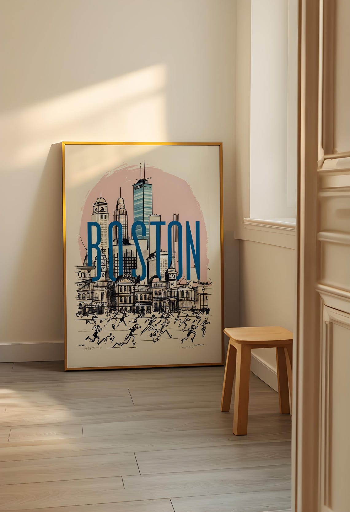 Boston Skyline With Runners Sketch Poster, Boston Marathon Skyline Art ...