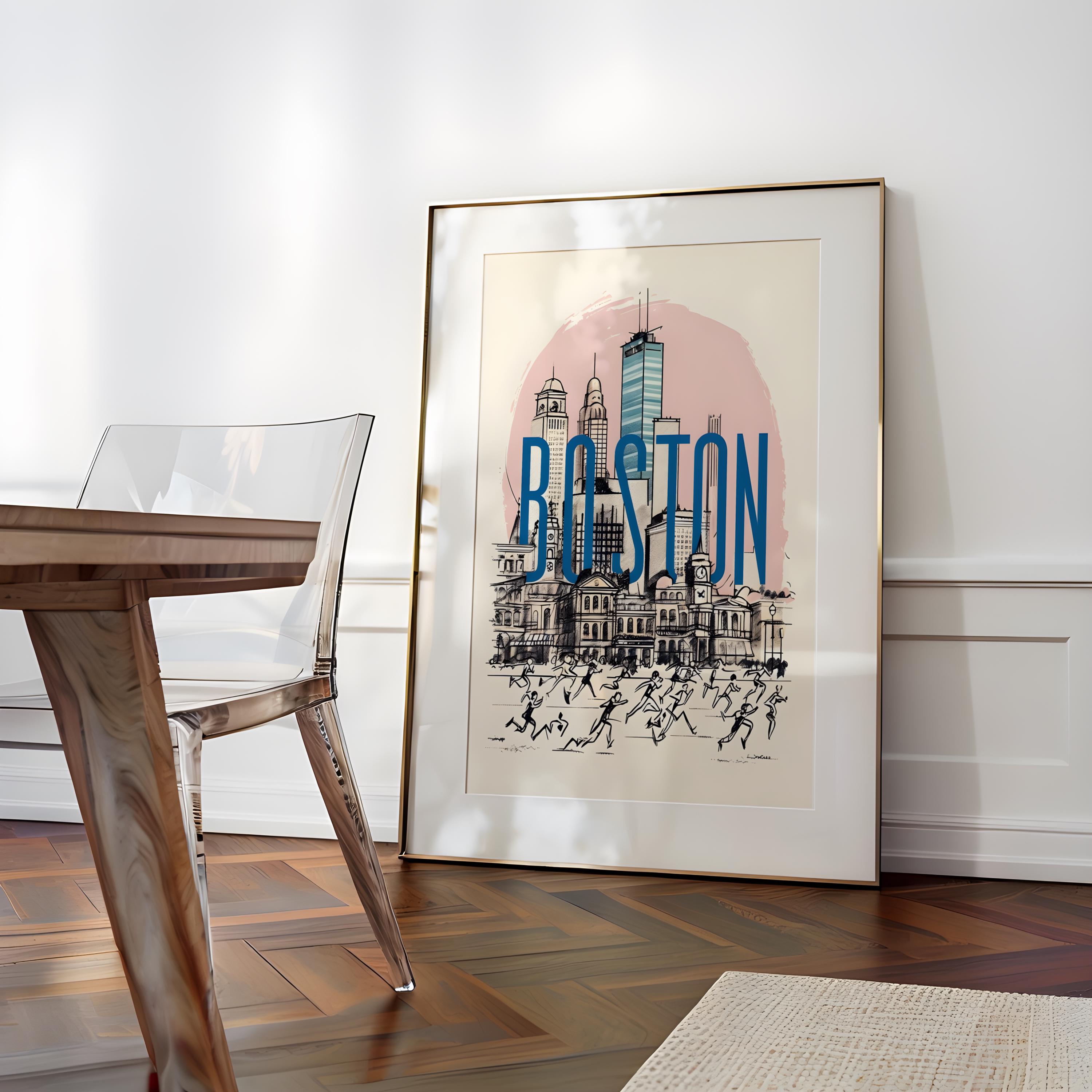 Boston Skyline With Runners Sketch Poster, Boston Marathon Skyline Art ...