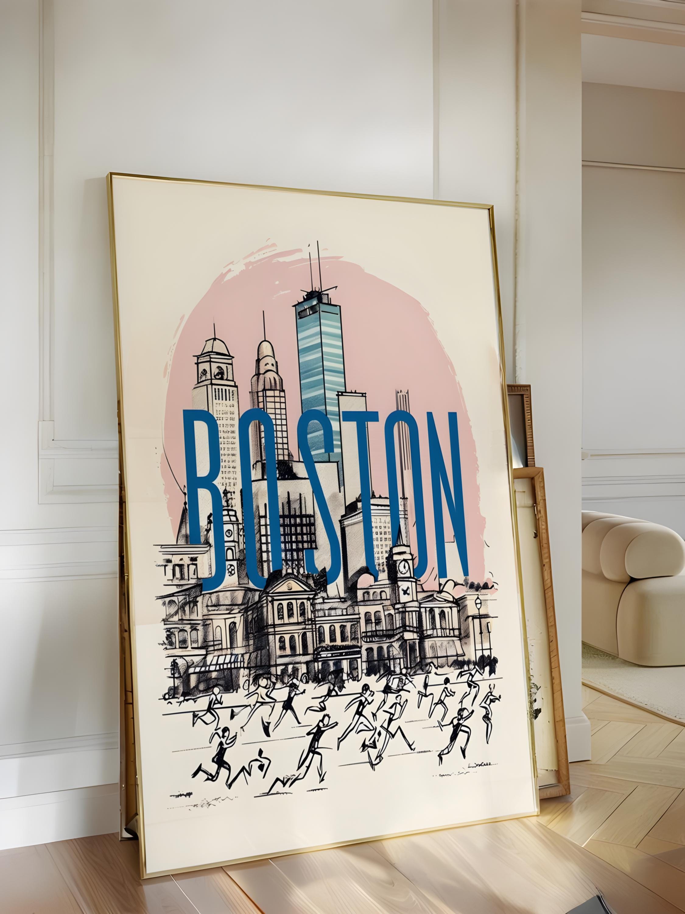 Boston Skyline With Runners Sketch Poster, Boston Marathon Skyline Art ...