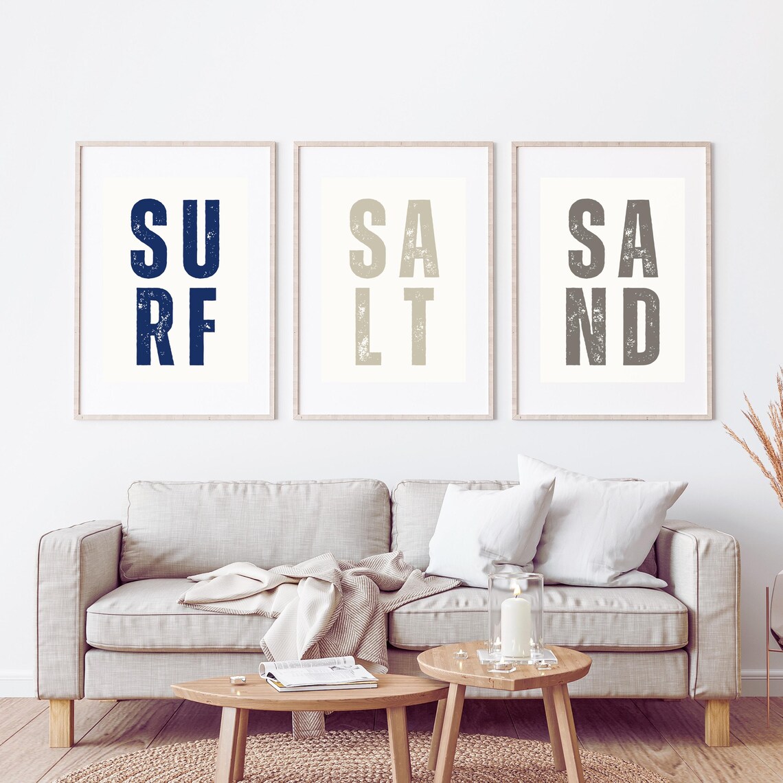SURF SALT SAND Printable Wall Art Trio – Minimalist Coastal Typography ...