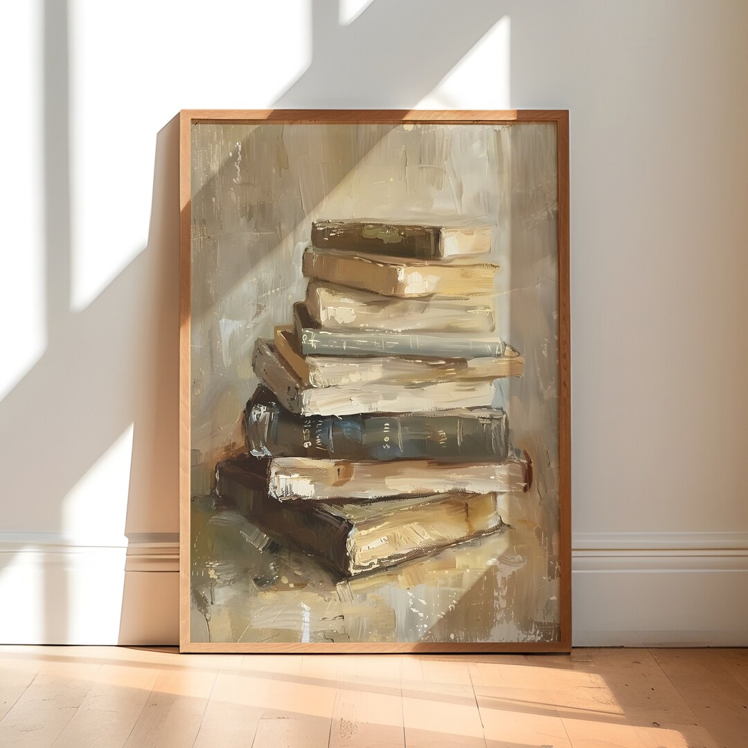 Book Lover Print, Stack of Books Painting, Vintage Style Art, Home ...