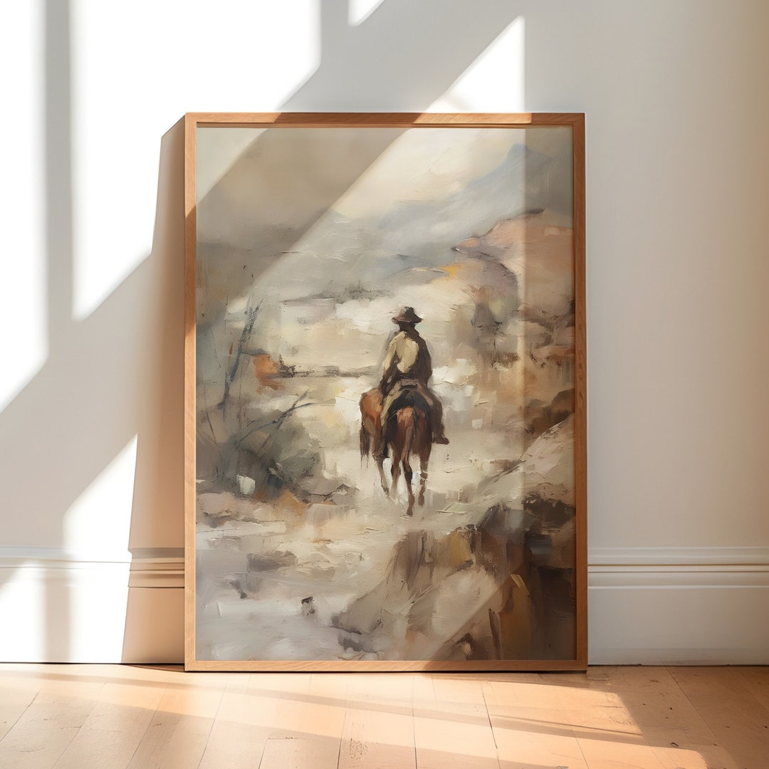 Western Cowboy Painting, Antique Oil Painting, Vintage Style Art, Mid ...
