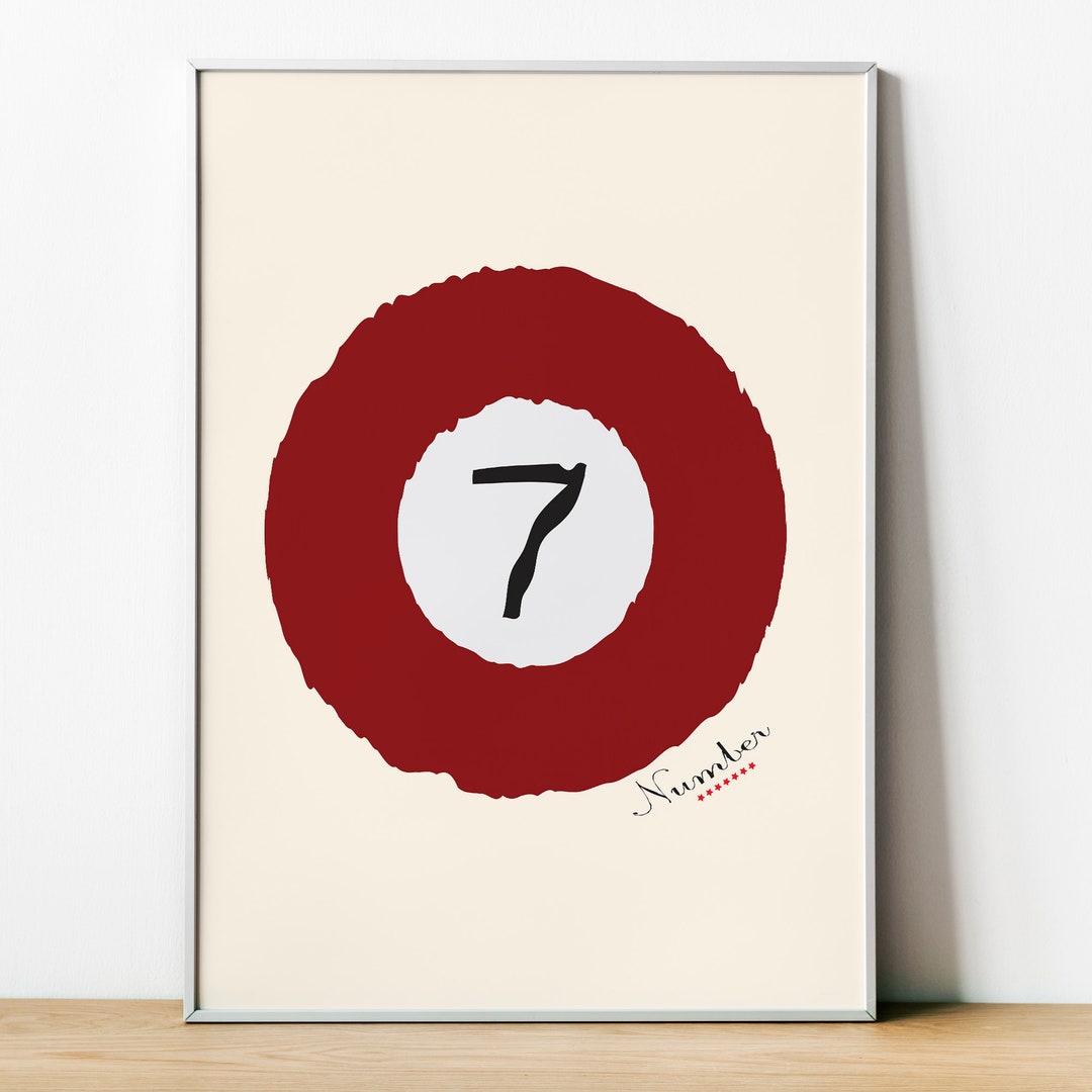 Vintage Pool Ball Print Number 7 Ball Hand-drawn Wall Art Red Pool Ball ...