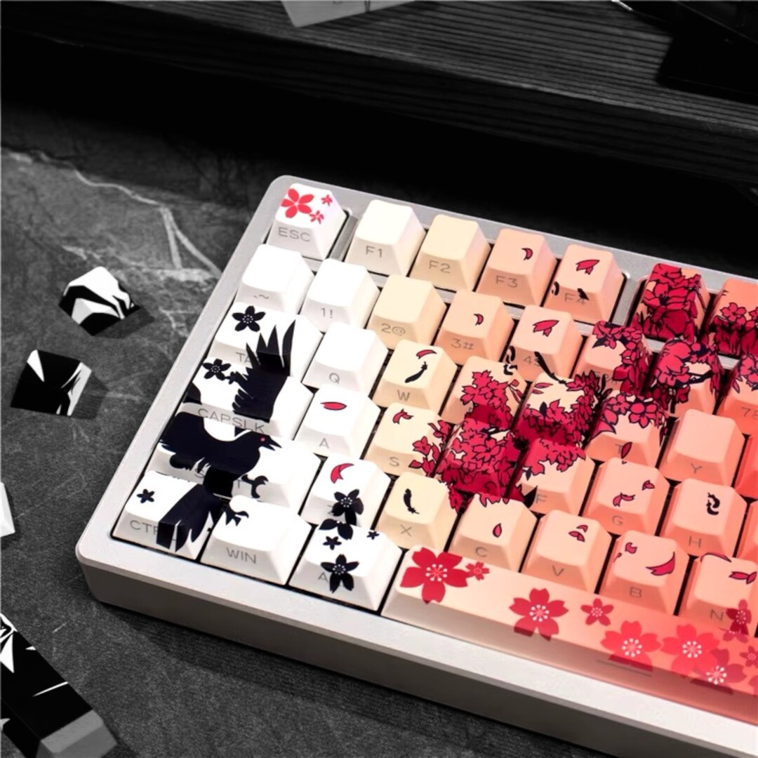 131 Keys Sakura Raven Theme Keycaps PBT Sublimation With Side Light ...