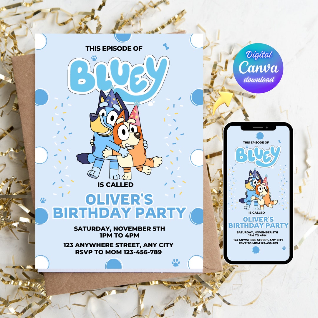 Plantilla de invitación de cumpleaños de niño Bluey, Invitación Bluey ...