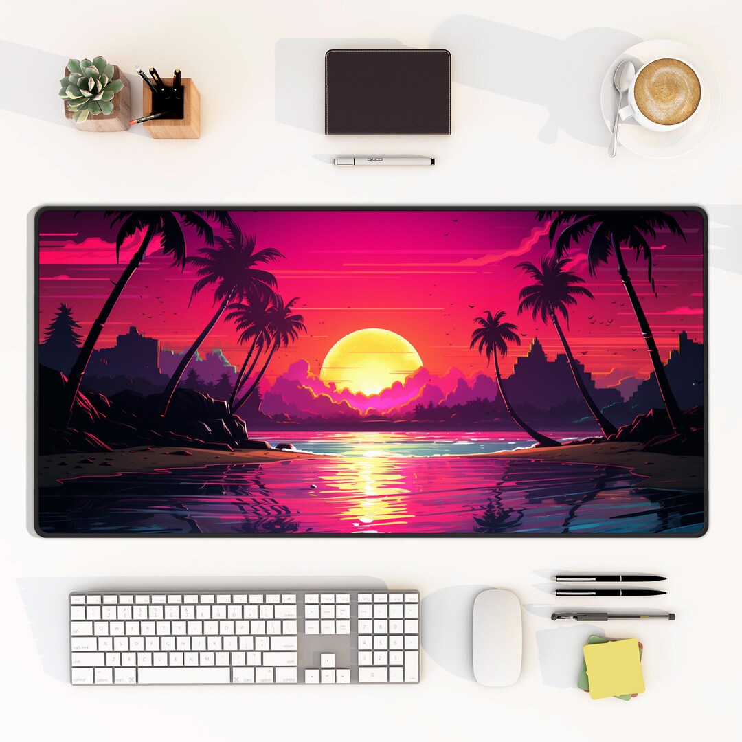 Retro Synthwave Desk Mat - Tropical Beach Sunset - Design 1 | 1980s ...