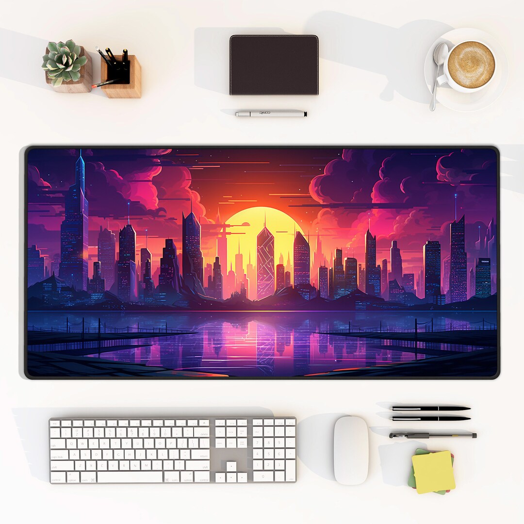Retro Synthwave Desk Mat - Cityscape Sunset - Design 2 | 1980s Retro ...