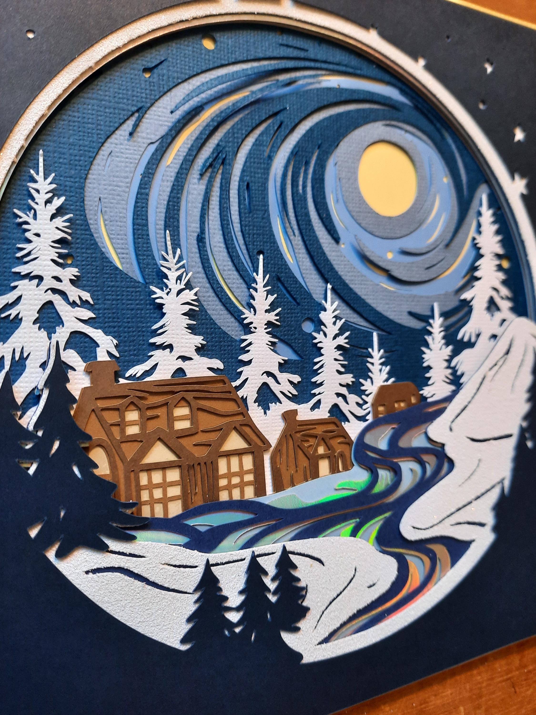 Shadow Box Starry Night Snowy Winter Cabin 3D Layered Shadow Box Wall ...