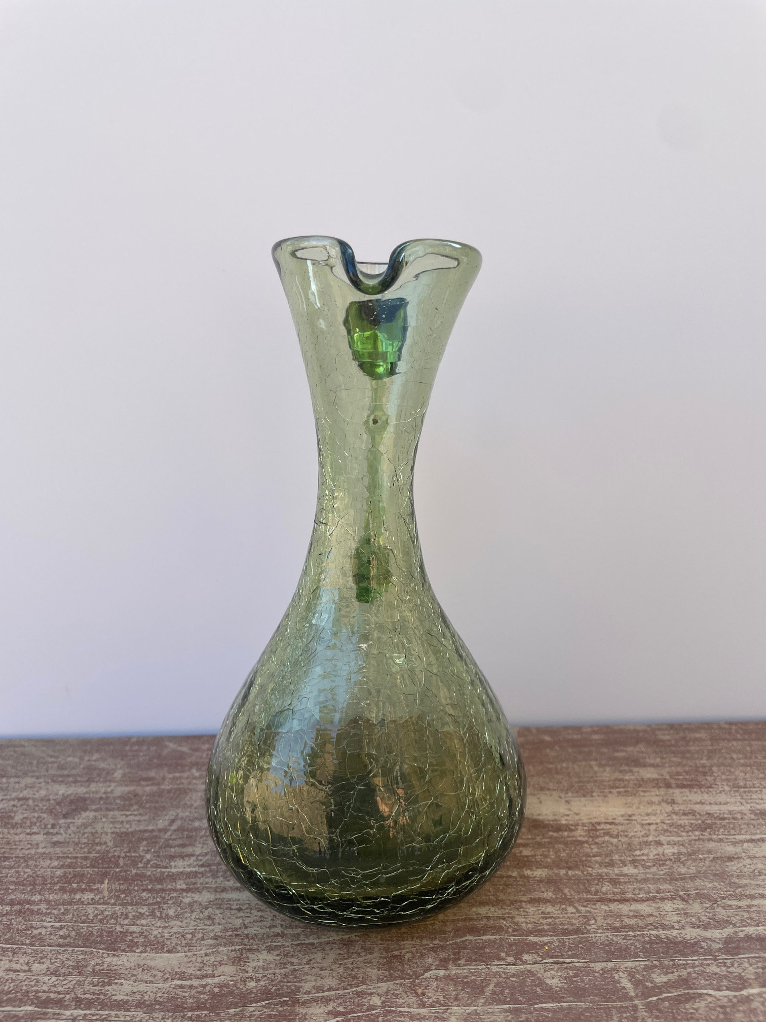 Vintage MCM Smokey Green Crackle Glass Ewer / Pitcher Hand Blown Glass ...