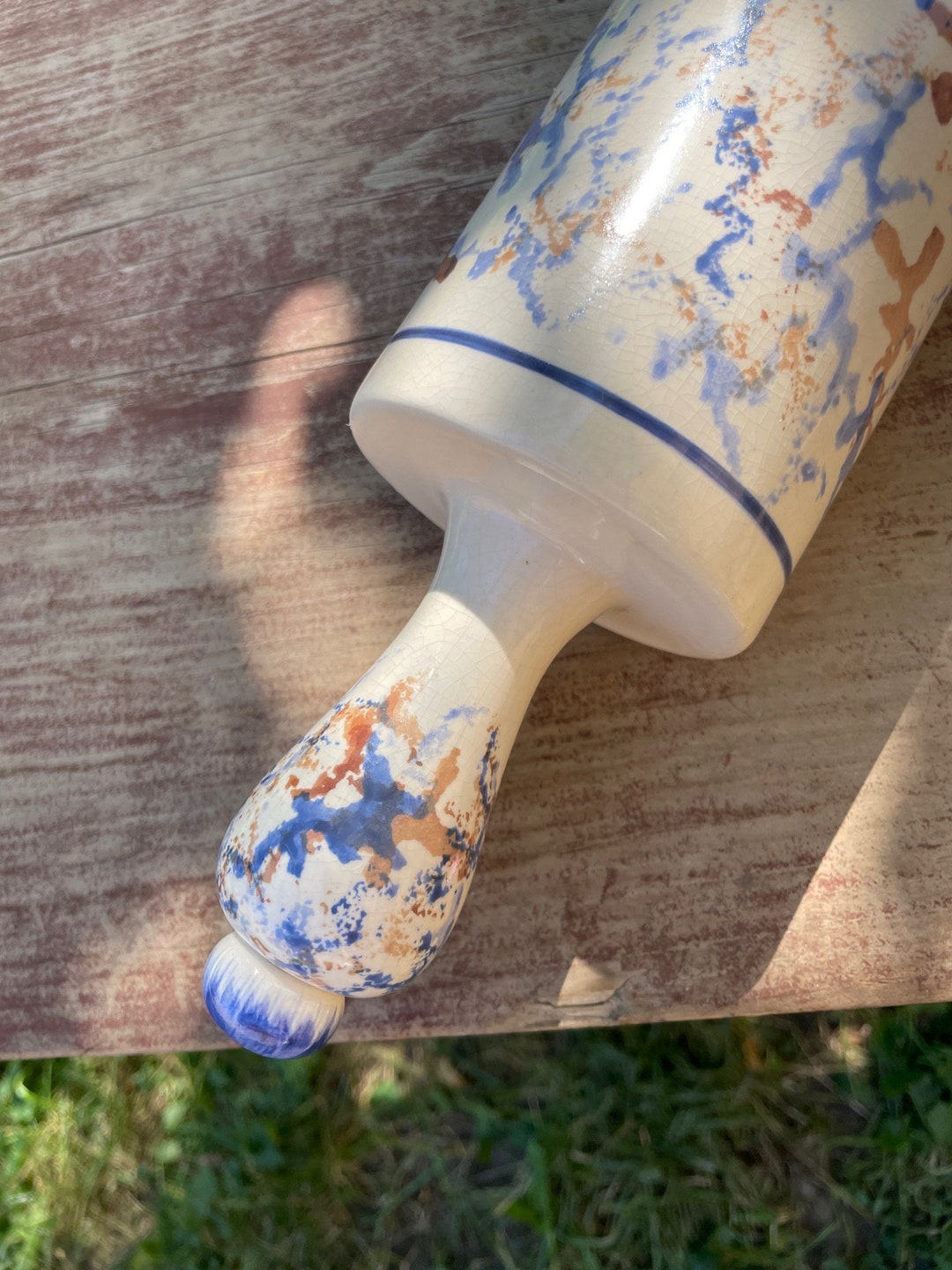 Vintage Ceramic Rolling Pin - One Solid Piece - With Blue and Brown ...