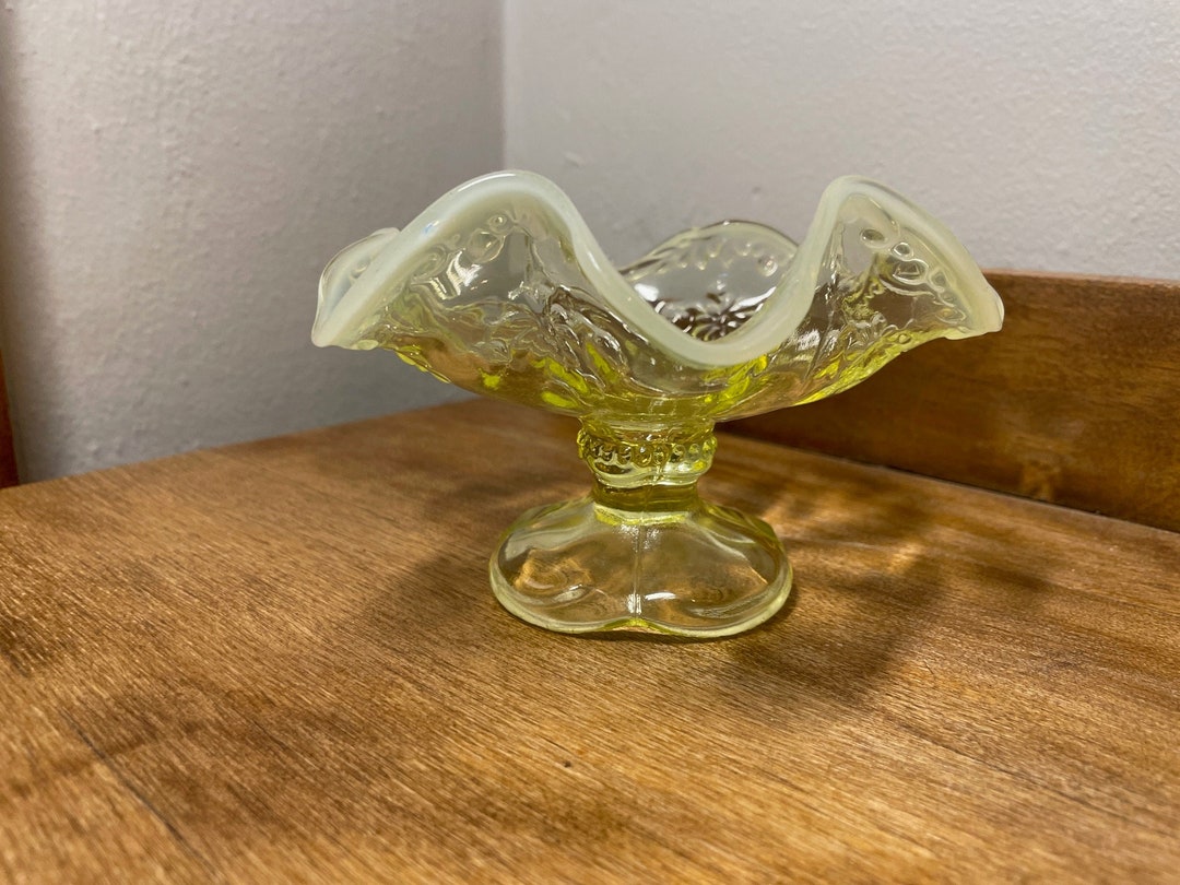 Vintage, Glowy Uranium Glass Vaseline Glass Ruffle Edge Opalescent ...