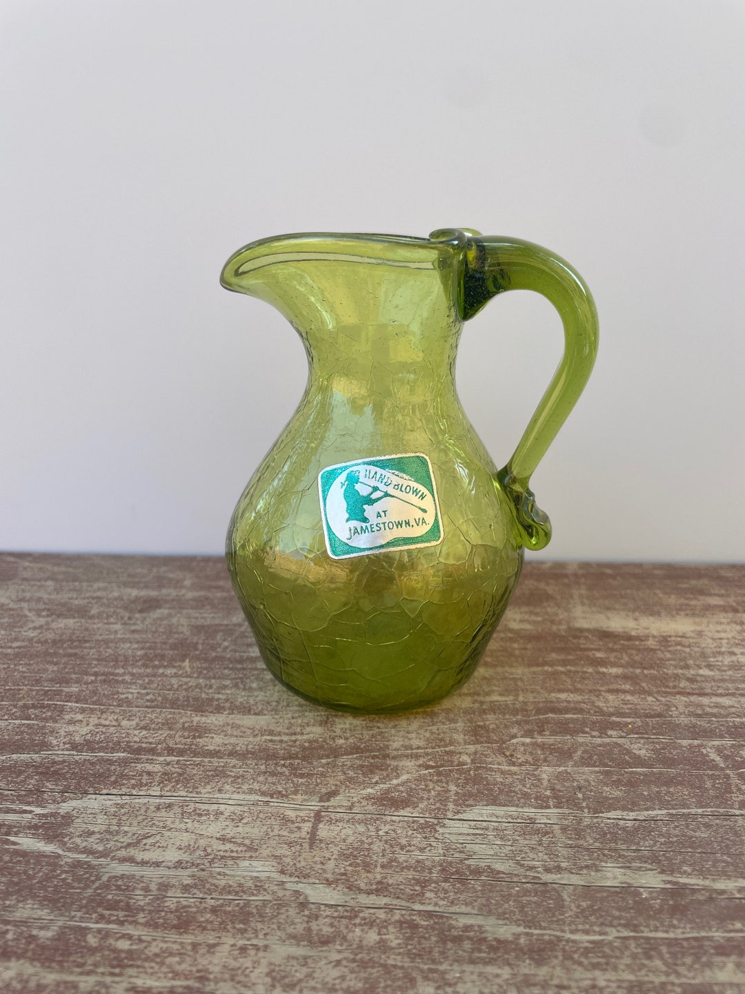 Vintage Green Hand Blown Crackle Glass Pitcher Made in Jamestown, VA - Etsy