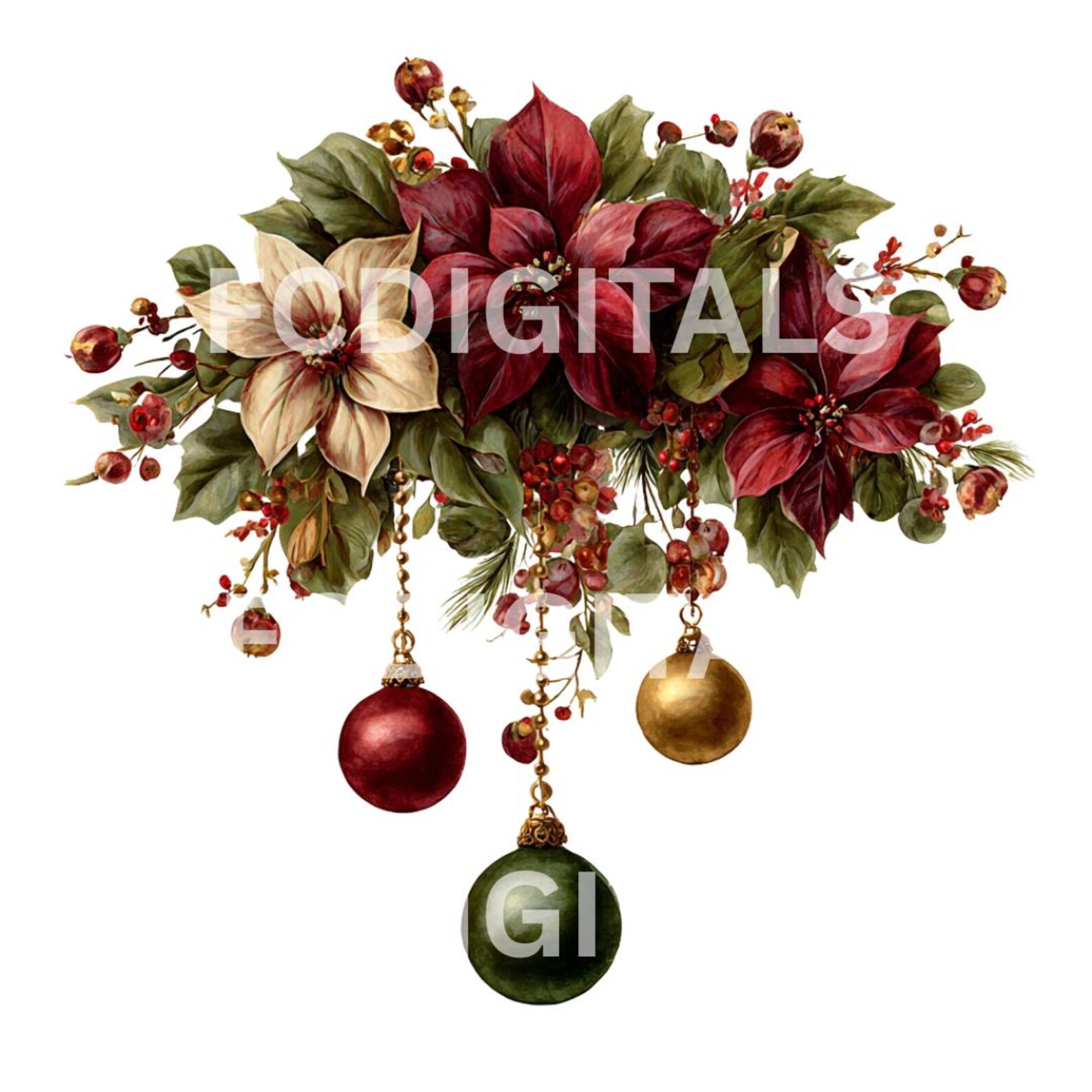 Christmas Flowers Swag Clipart, Watercolor Holiday Florals PNG ...