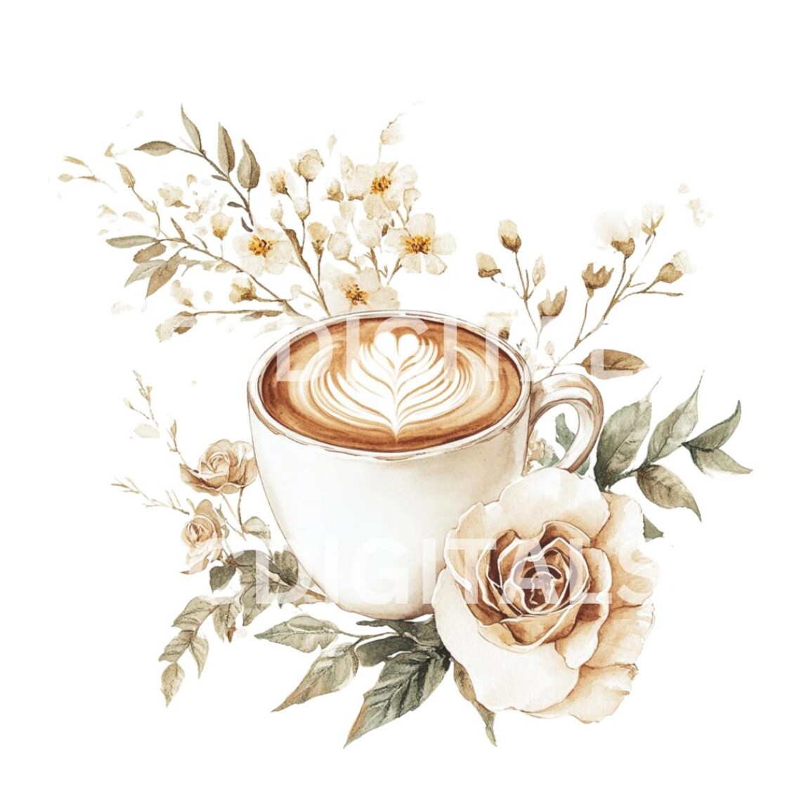Coffee Latte Clipart, Watercolor Latte and Flowers Clipart, High ...