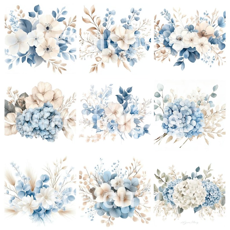 Dusty Blue Floral Clipart, Light Blue and Beige Flower Bouquet ...