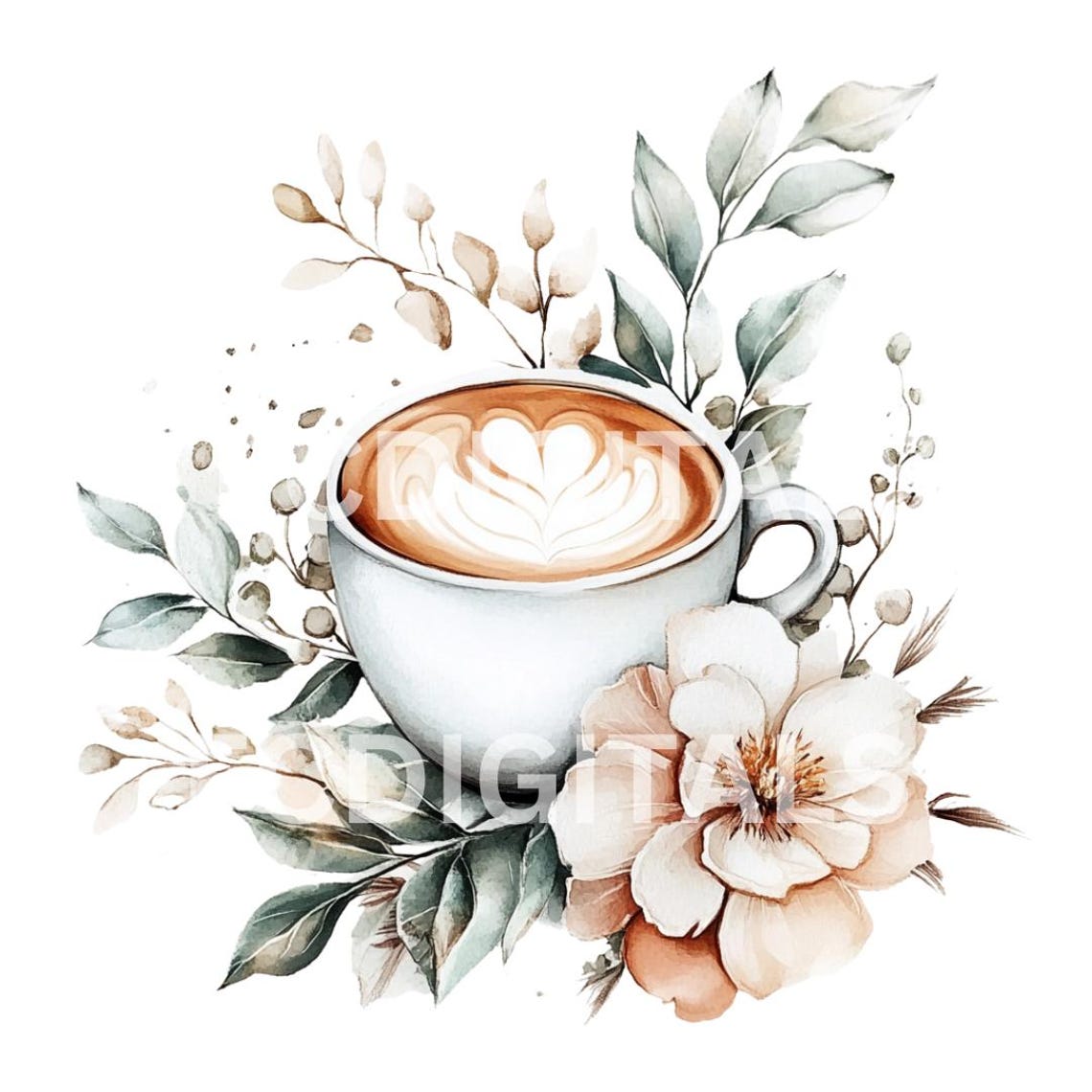 Coffee Latte Clipart, Watercolor Latte and Flowers Clipart, High ...