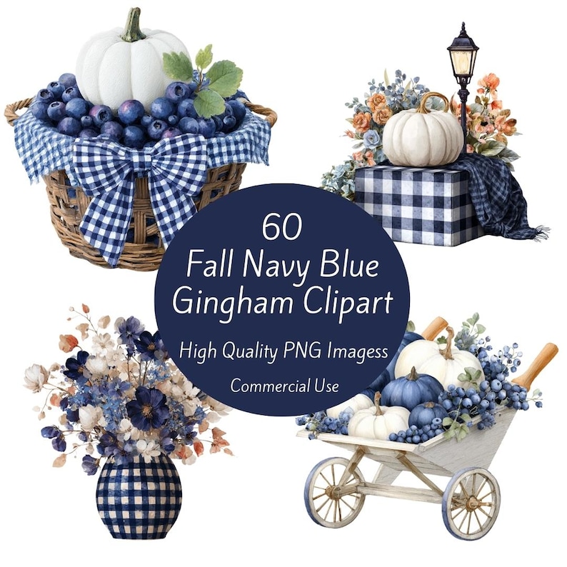 Fall Harvest Clipart, Blue Gingham Clipart, Printable Watercolor ...