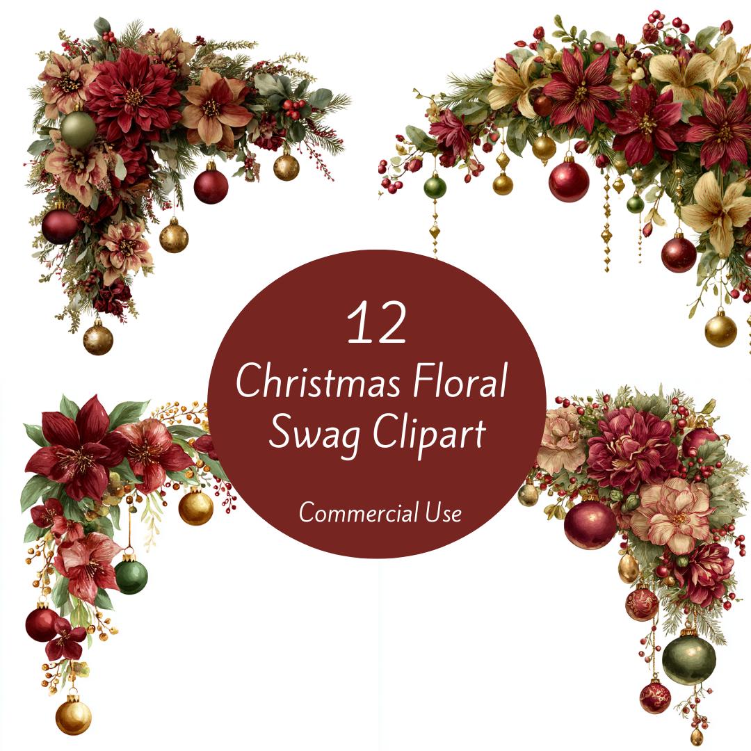 Christmas Flowers Swag Clipart, Watercolor Holiday Florals PNG ...