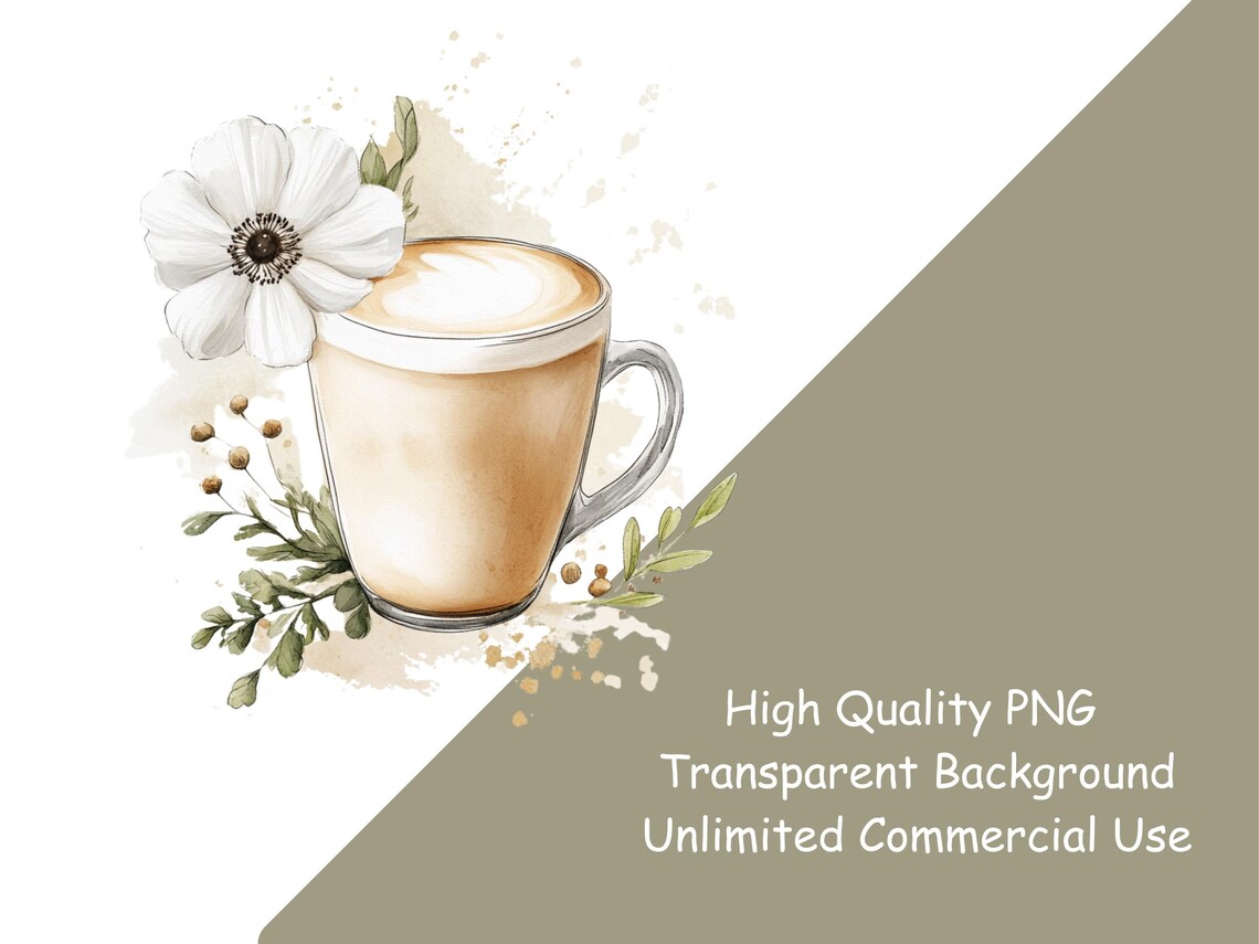 Coffee Latte Clipart, Watercolor Latte and Flowers Clipart, High ...