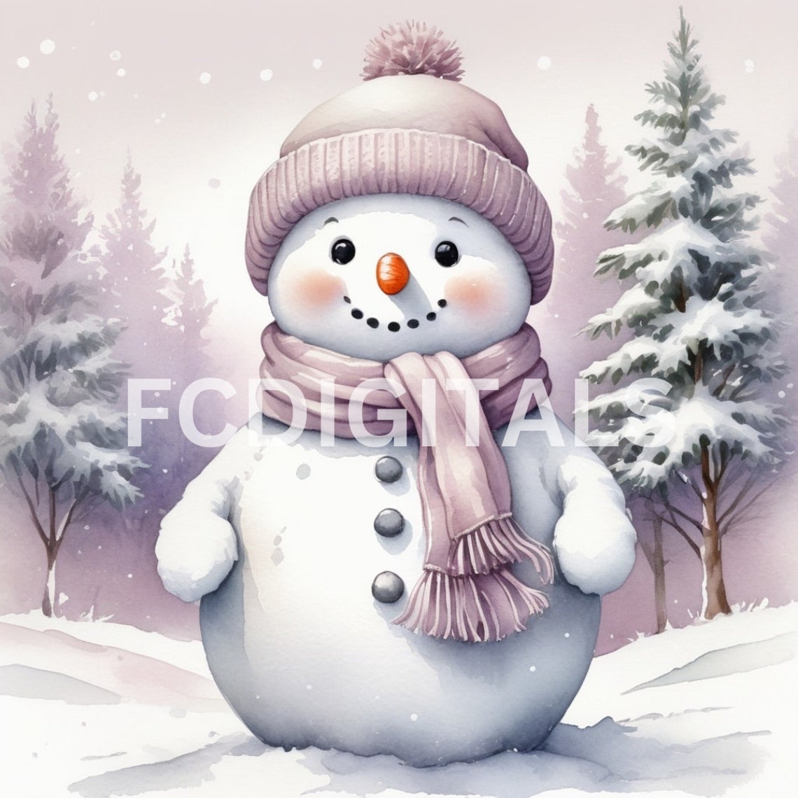 Vintage Snowman Winter Scene Clipart, Christmas Clipart, Holiday Winter ...