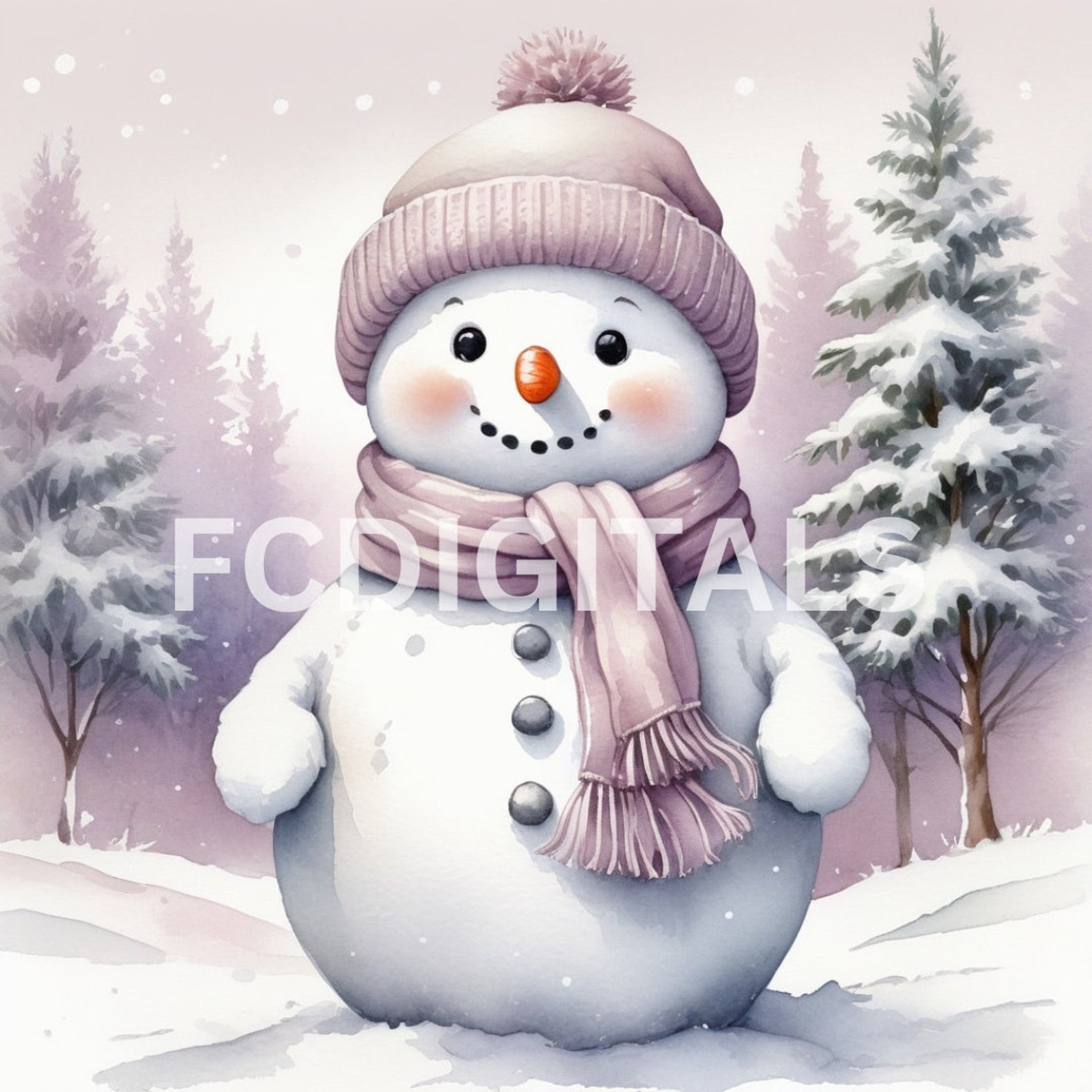 Vintage Snowman Winter Scene Clipart, Christmas Clipart, Holiday Winter ...