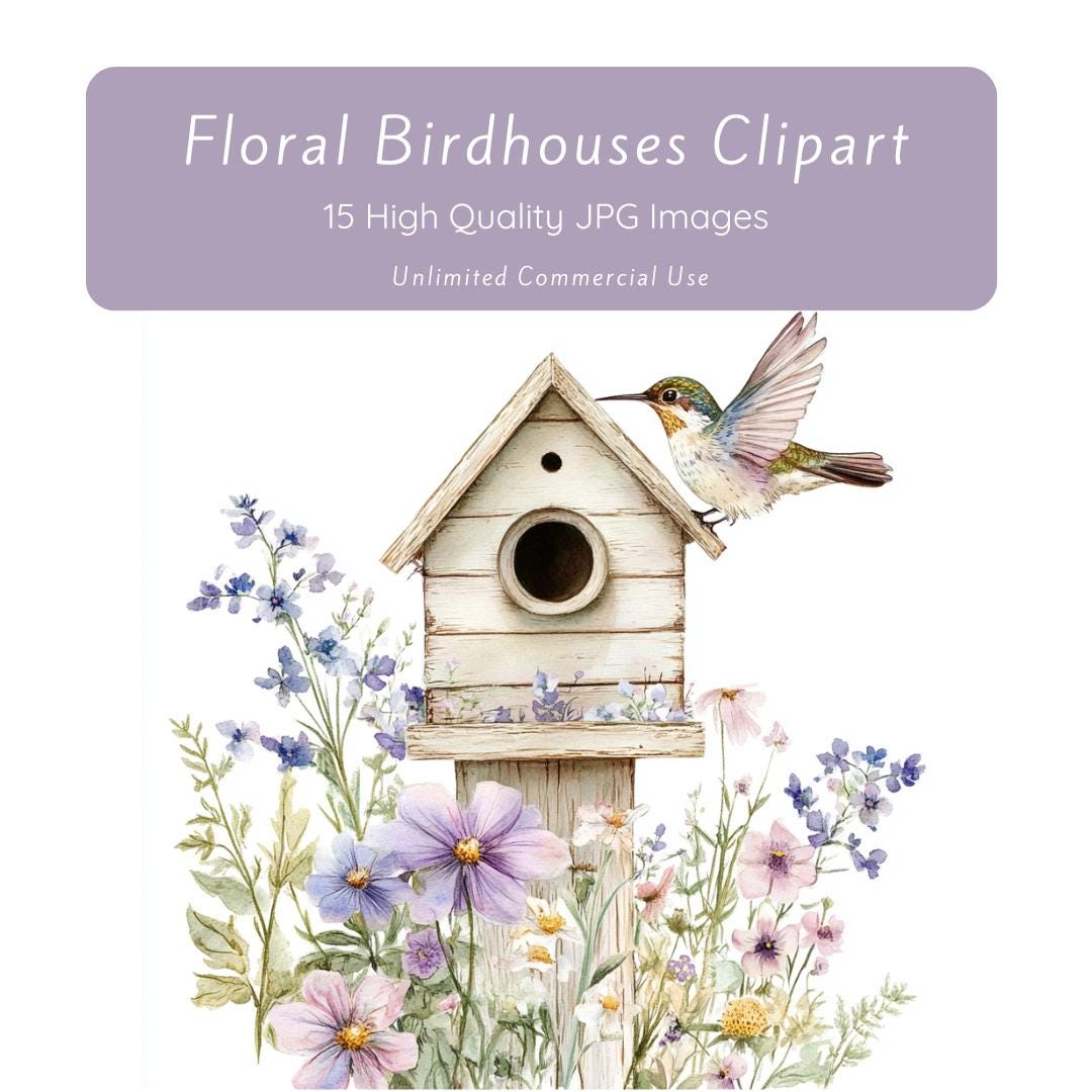 Birdhouse Clipart, Spring Flowers Clipart, Birdhouse and Wildflowers ...