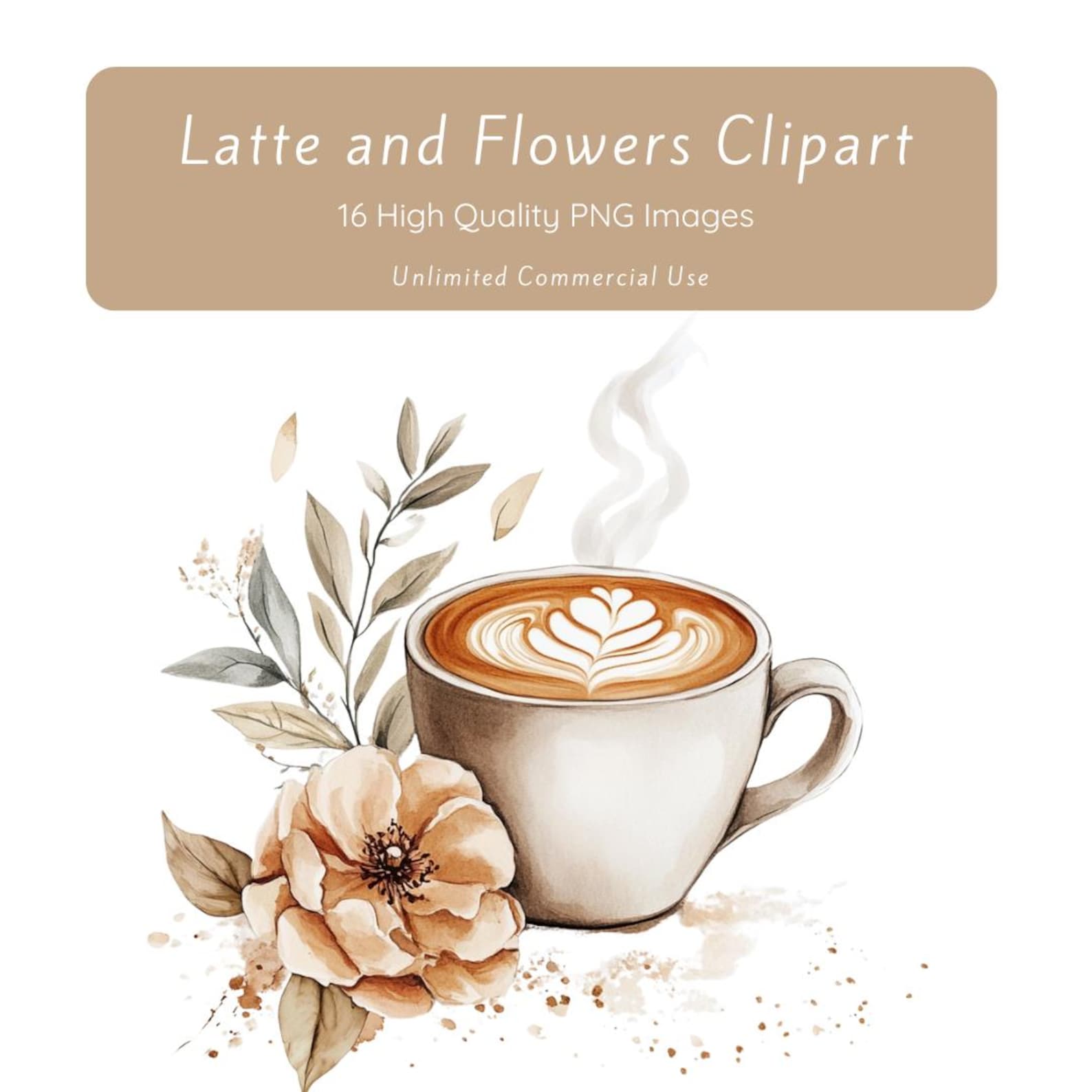 Coffee Latte Clipart, Watercolor Latte and Flowers Clipart, High ...