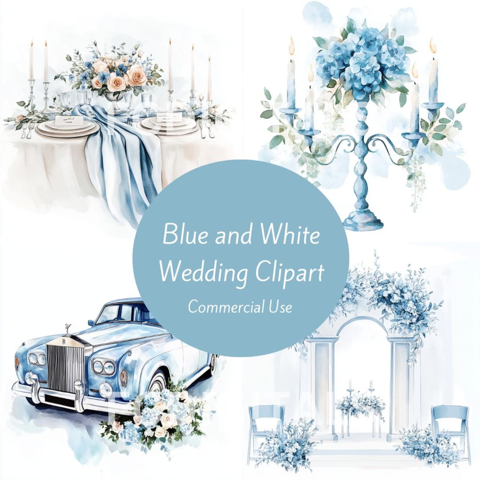 Blue and White Wedding Clipart, Wedding Illustrations, Bridal Flowers ...