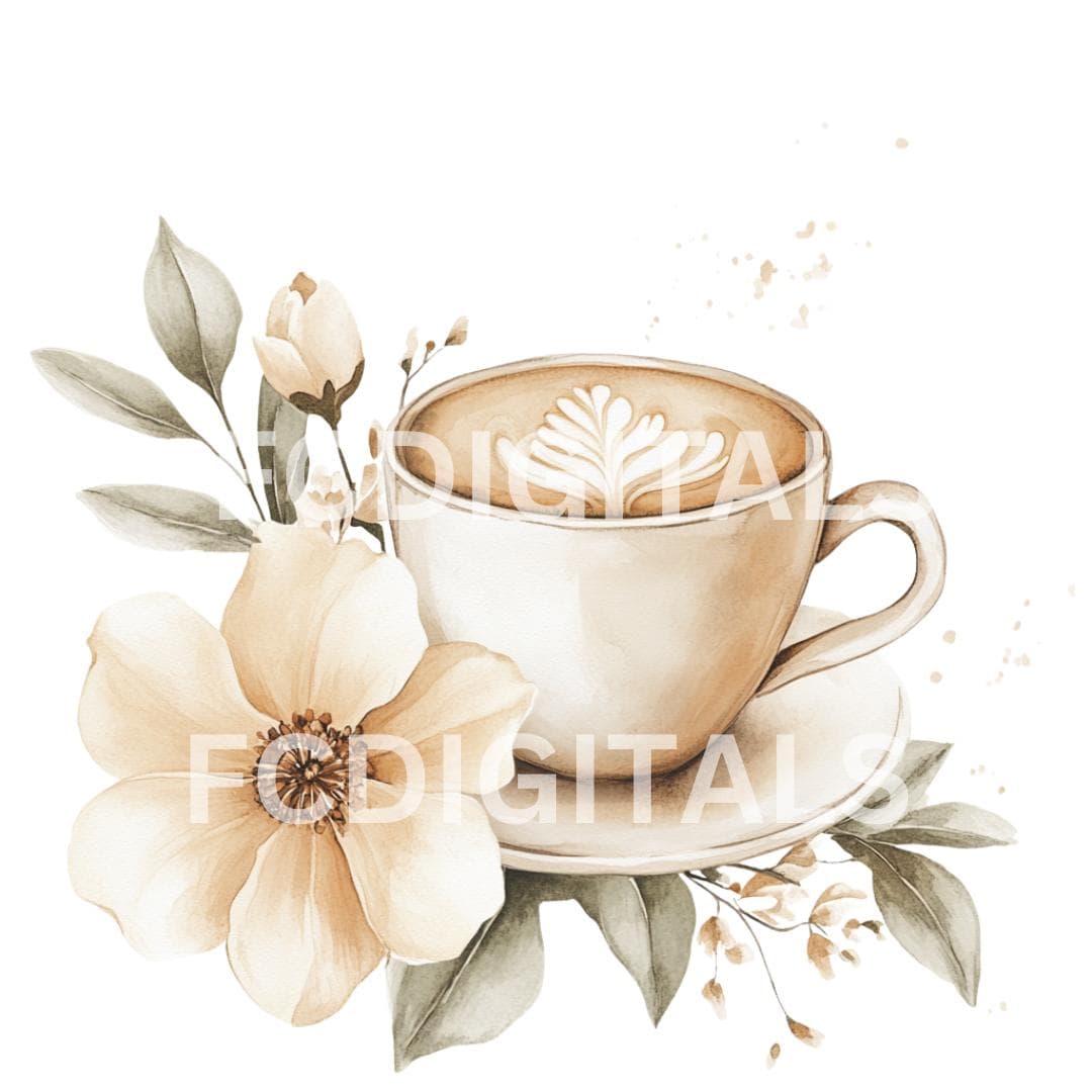 Coffee Latte Clipart, Watercolor Latte and Flowers Clipart, High ...