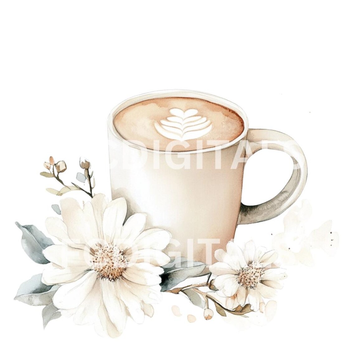 Coffee Latte Clipart, Watercolor Latte and Flowers Clipart, High ...