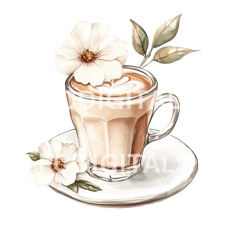 Coffee Latte Clipart, Watercolor Latte and Flowers Clipart, High ...