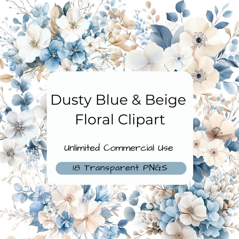 Dusty Blue Floral Clipart, Light Blue and Beige Flower Bouquet ...