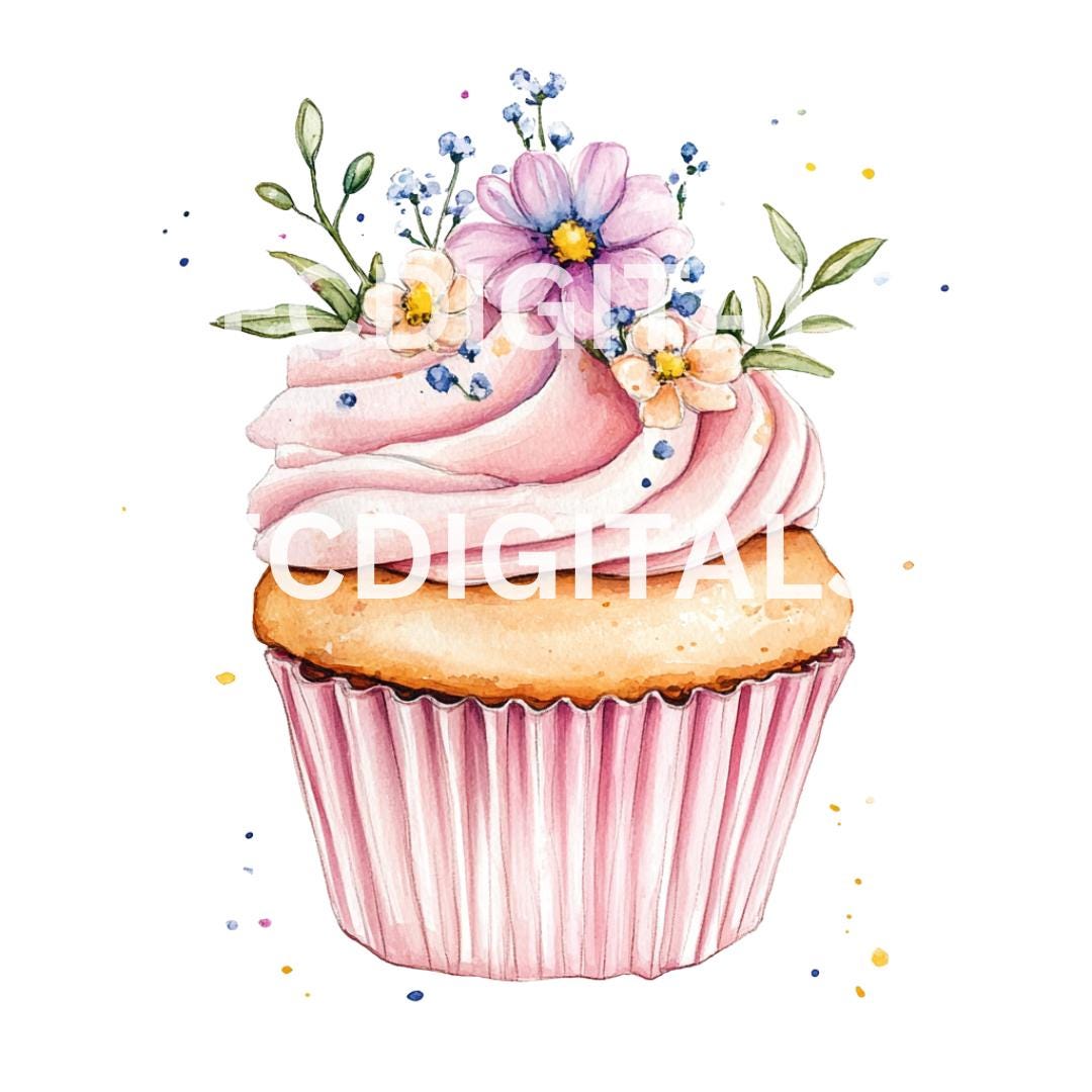 Cupcakes Clipart, Flower Cupcakes Illustrations, Party Invitations ...