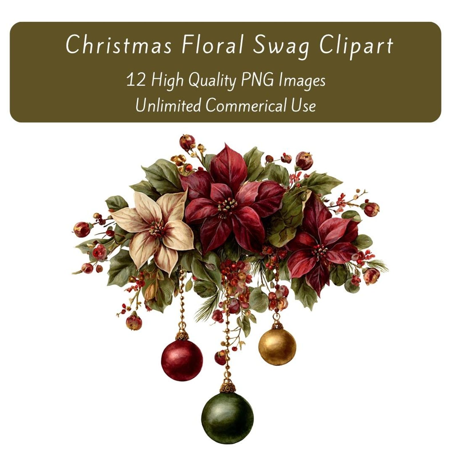 Christmas Flowers Swag Clipart, Watercolor Holiday Florals PNG ...