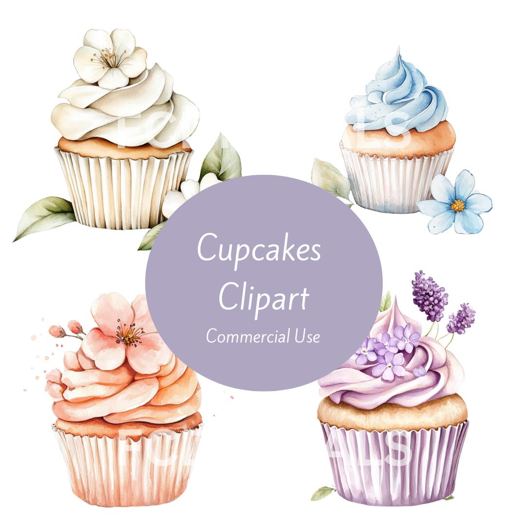 Cupcakes Clipart, Flower Cupcakes Illustrations, Party Invitations ...